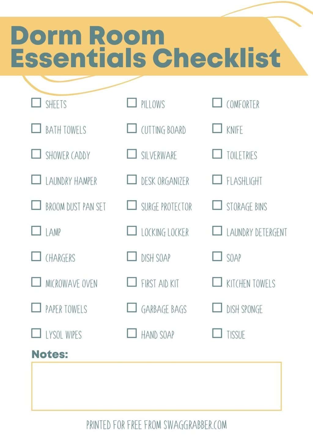 Free Printable Dorm Room Essentials Checklist | SwagGrabber