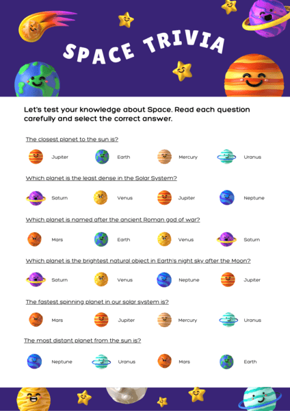 Free Printable Space Trivia Worksheet | SwagGrabber